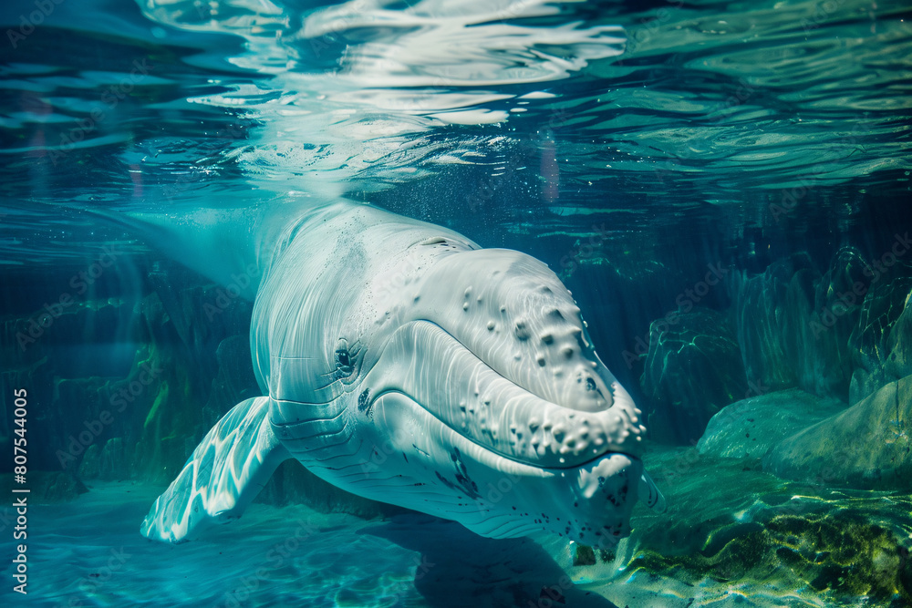 Beluga Whale Underwater Portrait: A majestic beluga whale, with its ...