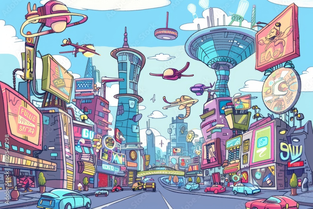 Cartoon cute doodles of a futuristic cityscape filled with flying cars ...