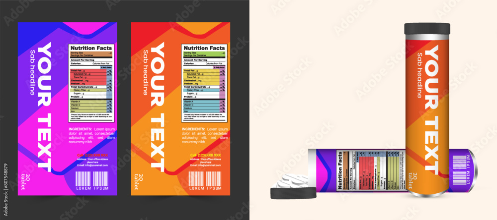 Vetor de Multi vitamin label sticker design and natural calcium food ...