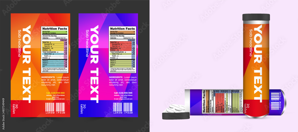 Vetor de Multi vitamin label sticker design and natural calcium food ...