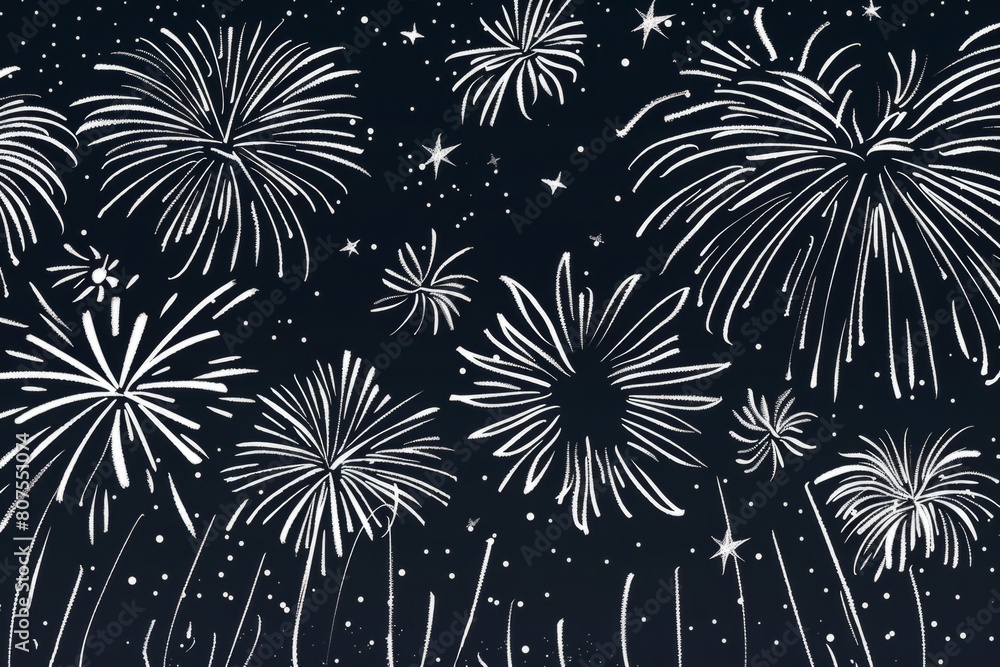 Cartoon cute doodles of a dazzling fireworks display lighting up the ...