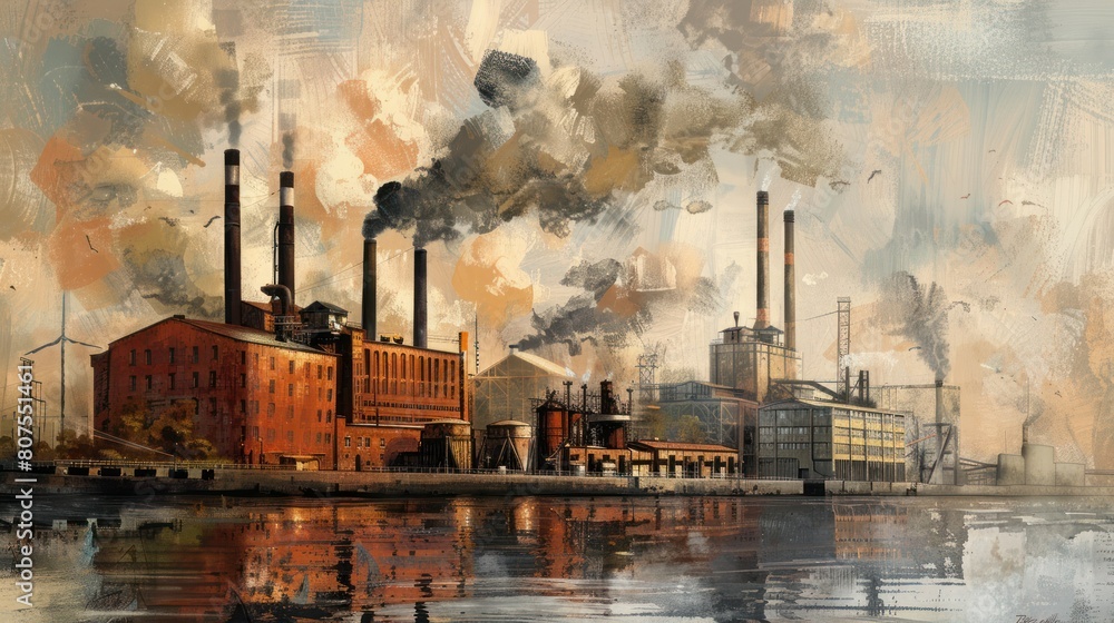 classic oil painting depicting a power plant during the Industrial ...