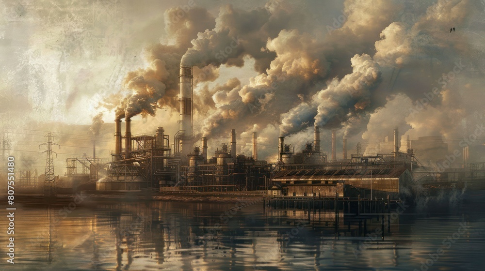 classic oil painting depicting a power plant during the Industrial ...