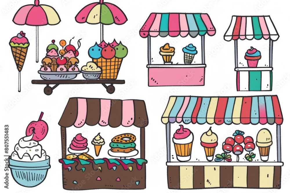 Cartoon cute doodles of vendors selling carnival treats like funnel ...
