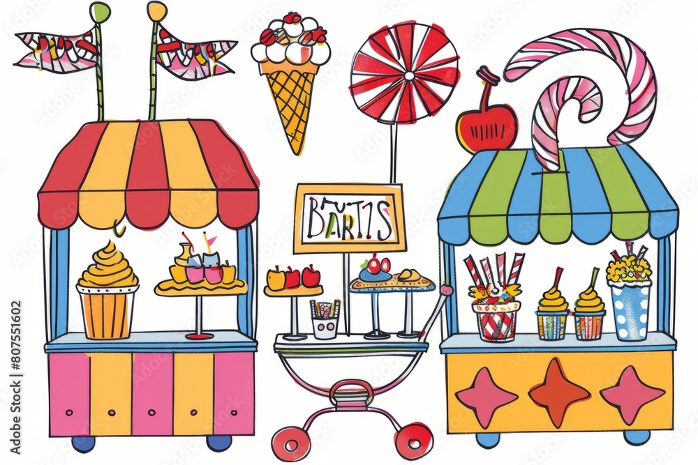 Cartoon cute doodles of vendors selling carnival treats like funnel ...