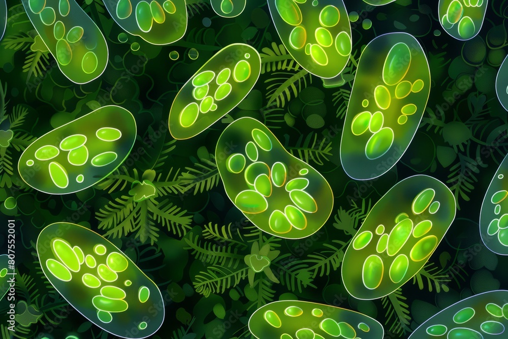 Cartoon cute doodles of microscopic algae basking in the glow of ...