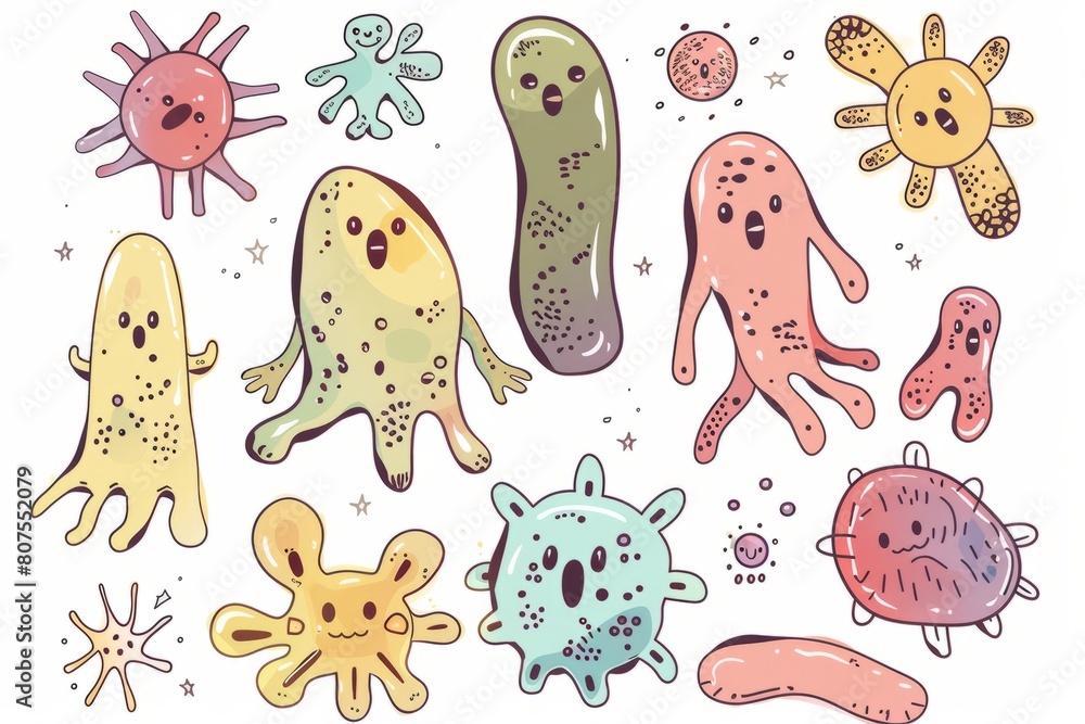 Cartoon cute doodles of microscopic amoebas extending their pseudopods ...