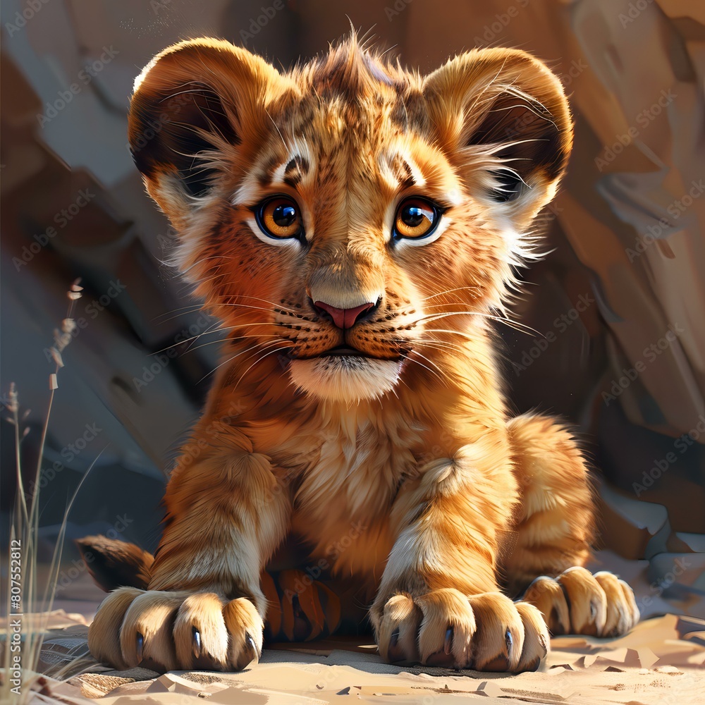 3D animated lion cub avatar in a fantasy setting, conveying curiosity ...