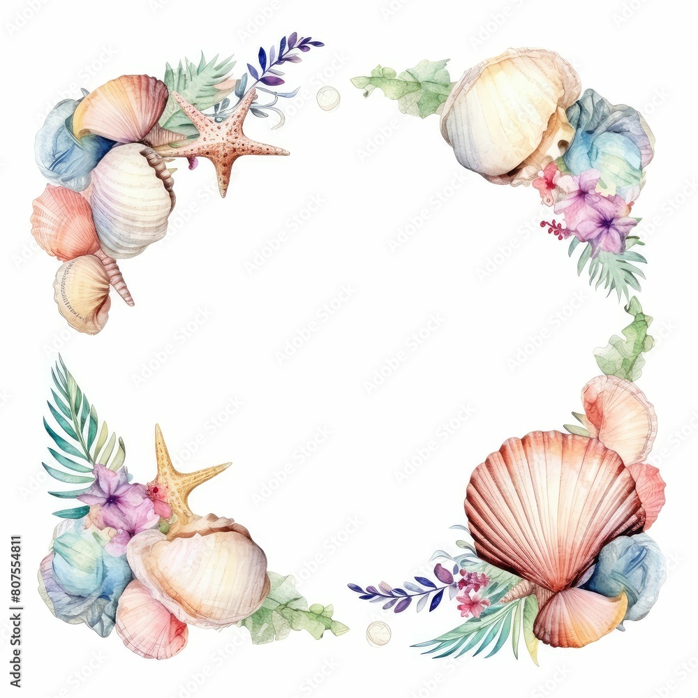 sea shell-themed frame or border for photos and text. watercolor ...