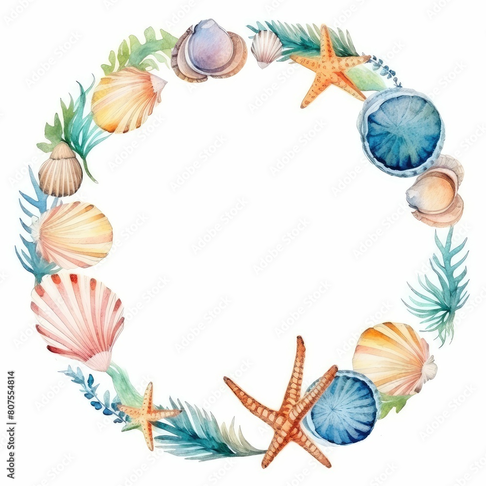 sea shell-themed frame or border for photos and text. watercolor ...