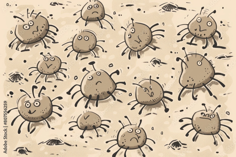 Cartoon cute doodles of microscopic dust mites scurrying across a ...