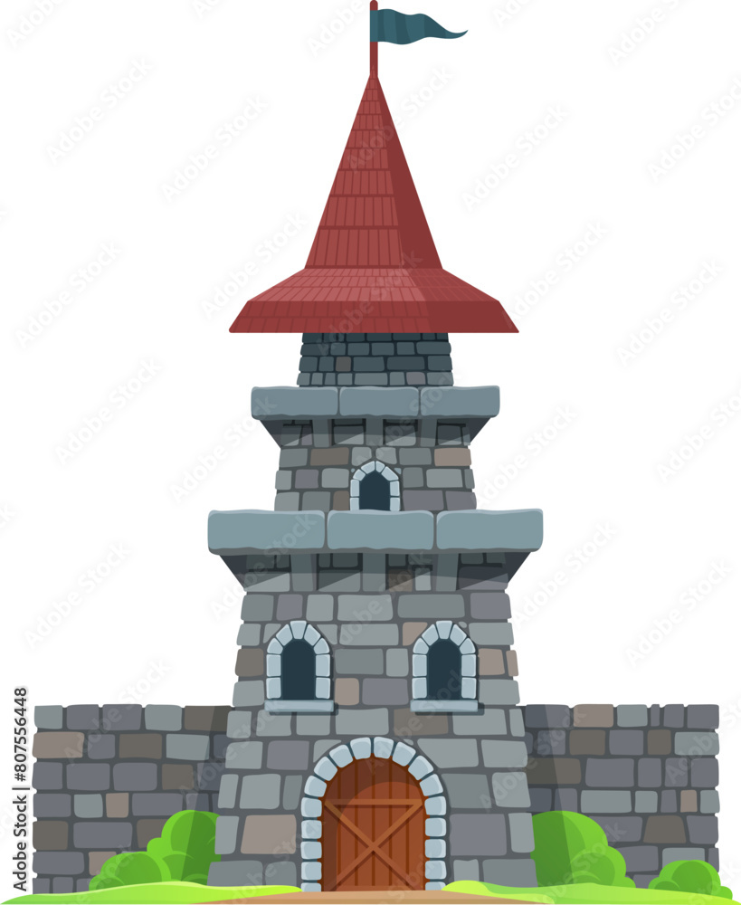 Cartoon castle, kingdom palace, medieval fortress with thick stone wall ...