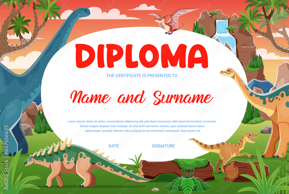 Kids diploma, Jurassic era funny cartoon dinosaurs, funny reptiles and ...