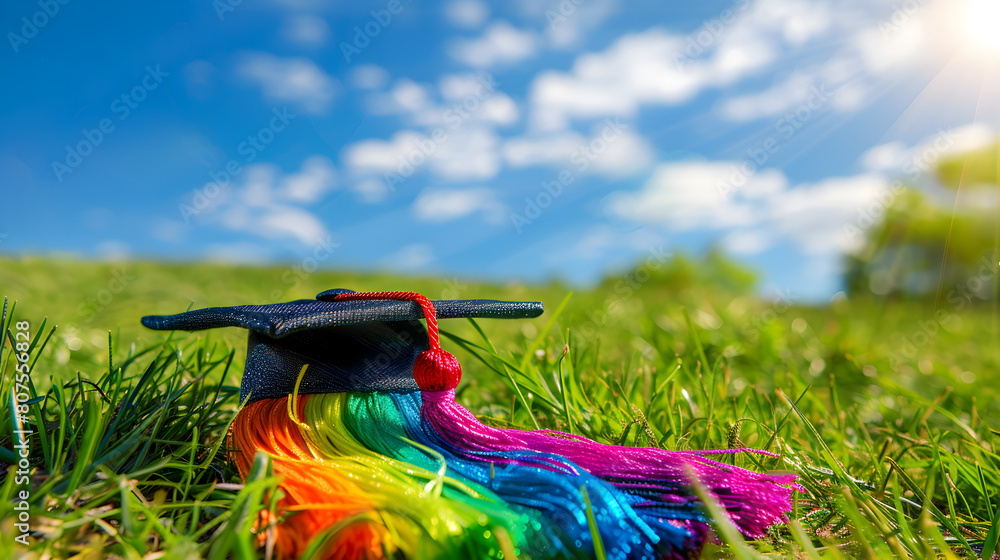A rainbow colored graduation cap is on the grass. The cap is on a field ...