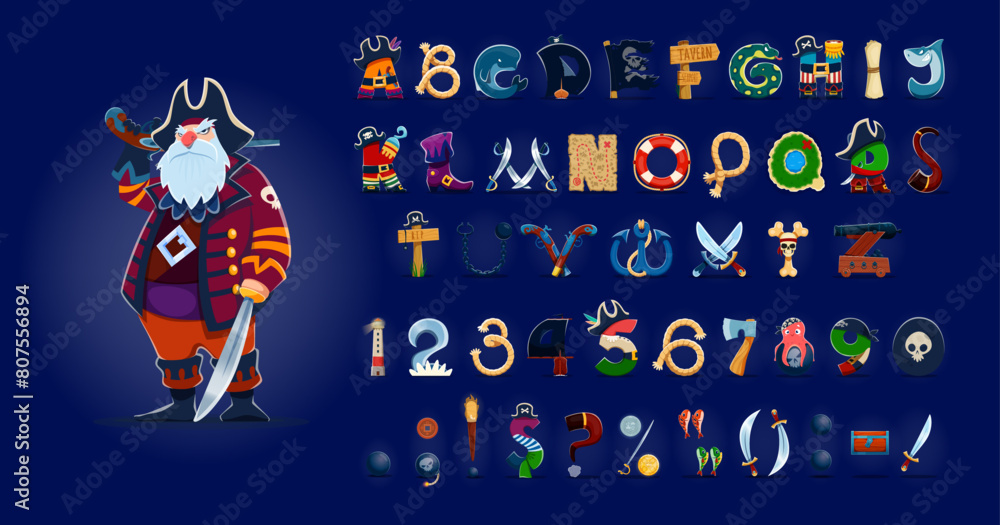 Cartoon pirate and corsair font, filibuster typeface, piracy type ...