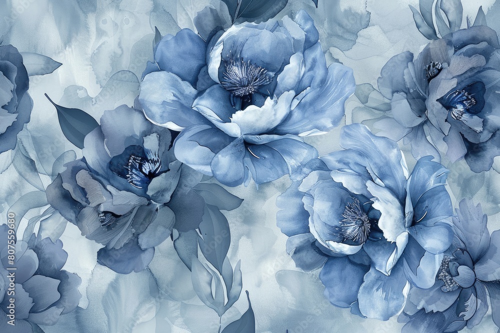 Dusty Blue Flowers Watercolor Floral Background with Peonies and Leaves ...