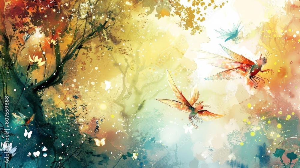 pixie playground's digital art features a colorful array of butterflies and birds perched on a ...