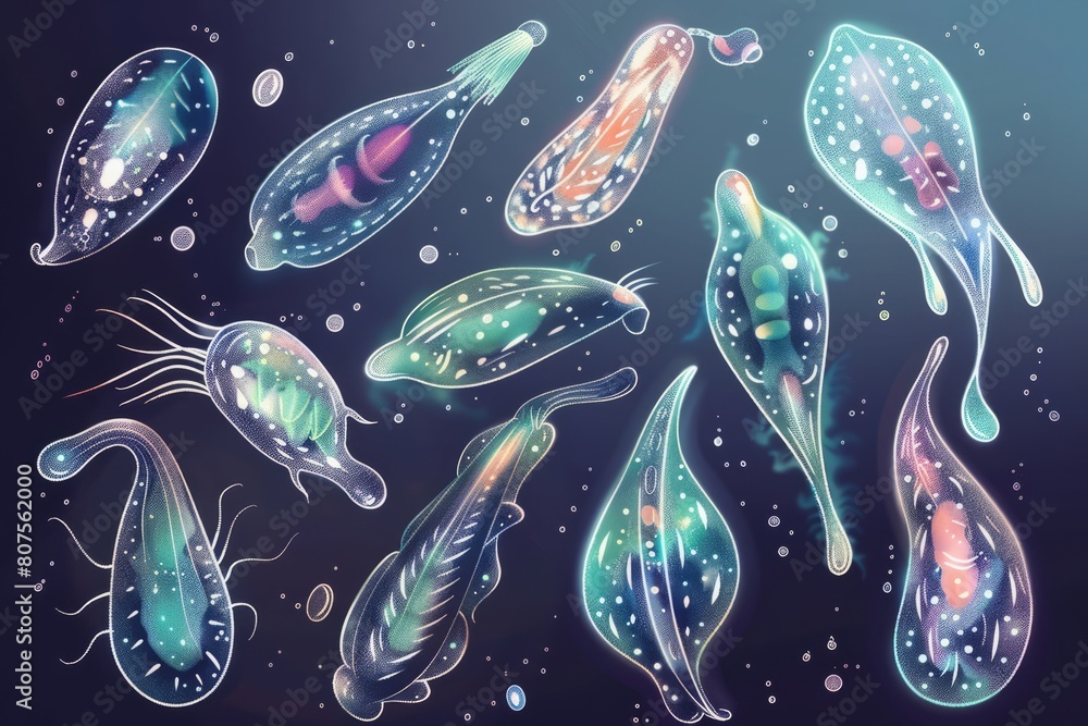Cartoon cute doodles of microscopic rotifers filtering tiny particles ...