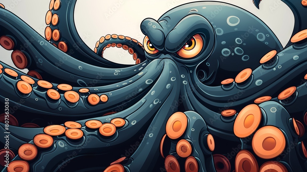 A digital painting of an octopus with blue skin and orange suckers. The ...
