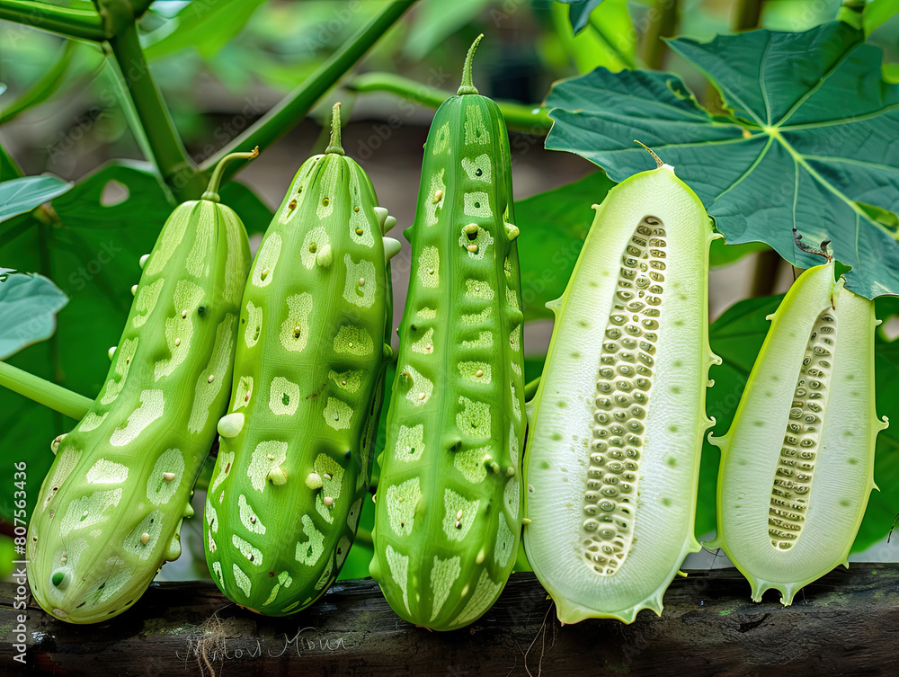 Whole and sliced tindora (ivy gourd) displayed among their leafy vines ...