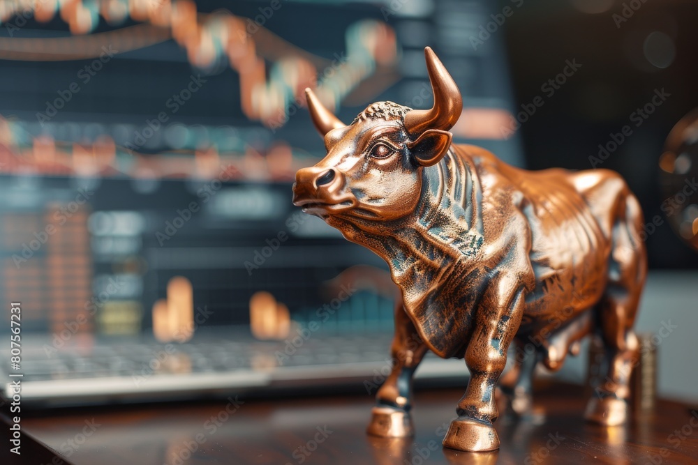 Financial concept with a bronze bull figurine symbolizing bull market ...
