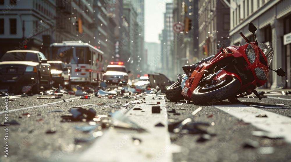 Foto de A motorcycle crash unfolds on a crowded city street, with ...
