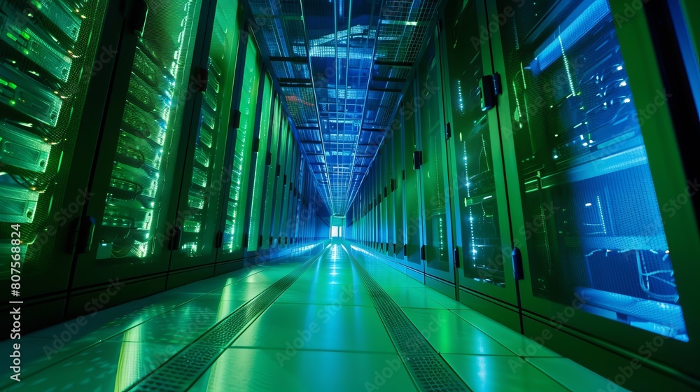 An image of a datacenter with green and blue background lighting ...