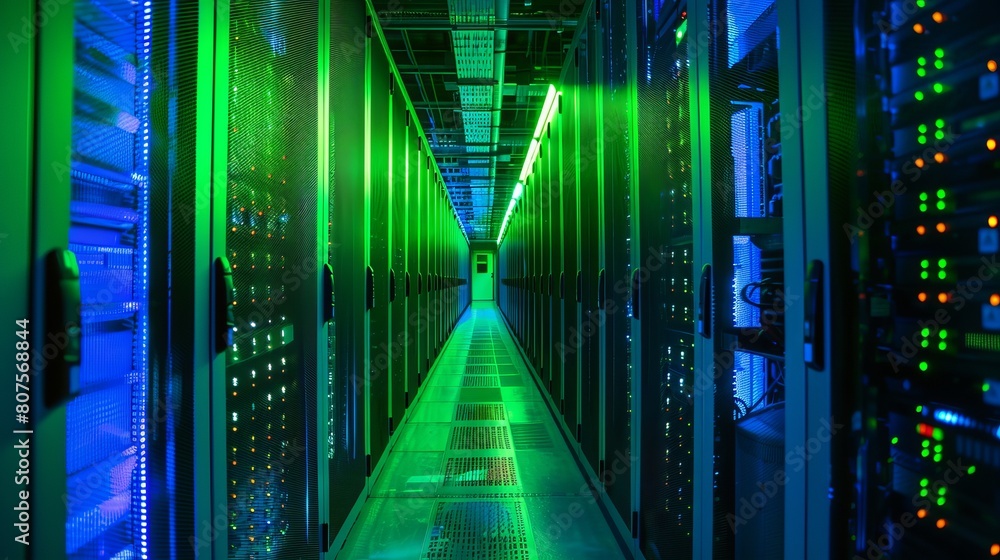 An image of a datacenter with green and blue background lighting, looking down an aisle with ...