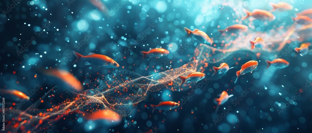 Digital visualization of a school of fish moving through data clouds ...