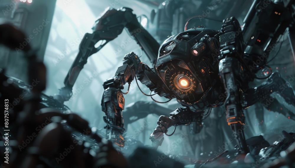 Illustrate the convergence of futuristic tech and bone-chilling horror ...