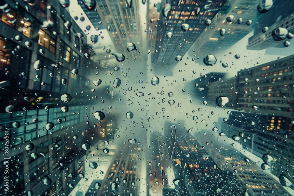 Raindrops falling upwards on a distorted cityscape, symbolizing a world ...