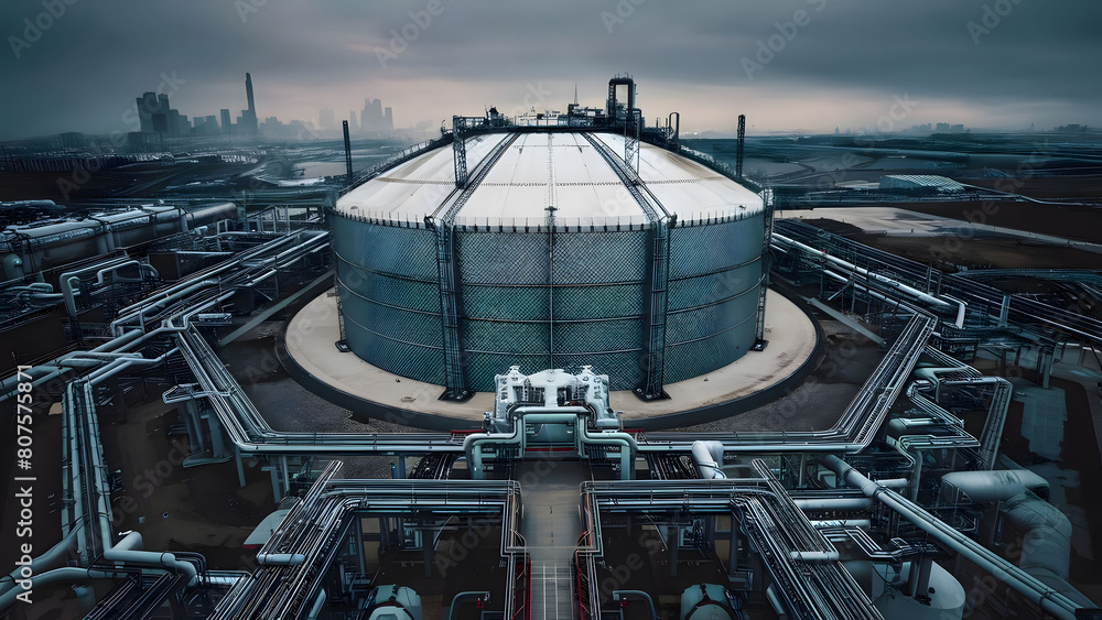 Aerial top view storage tank farm at night, Tank farm storage chemical ...