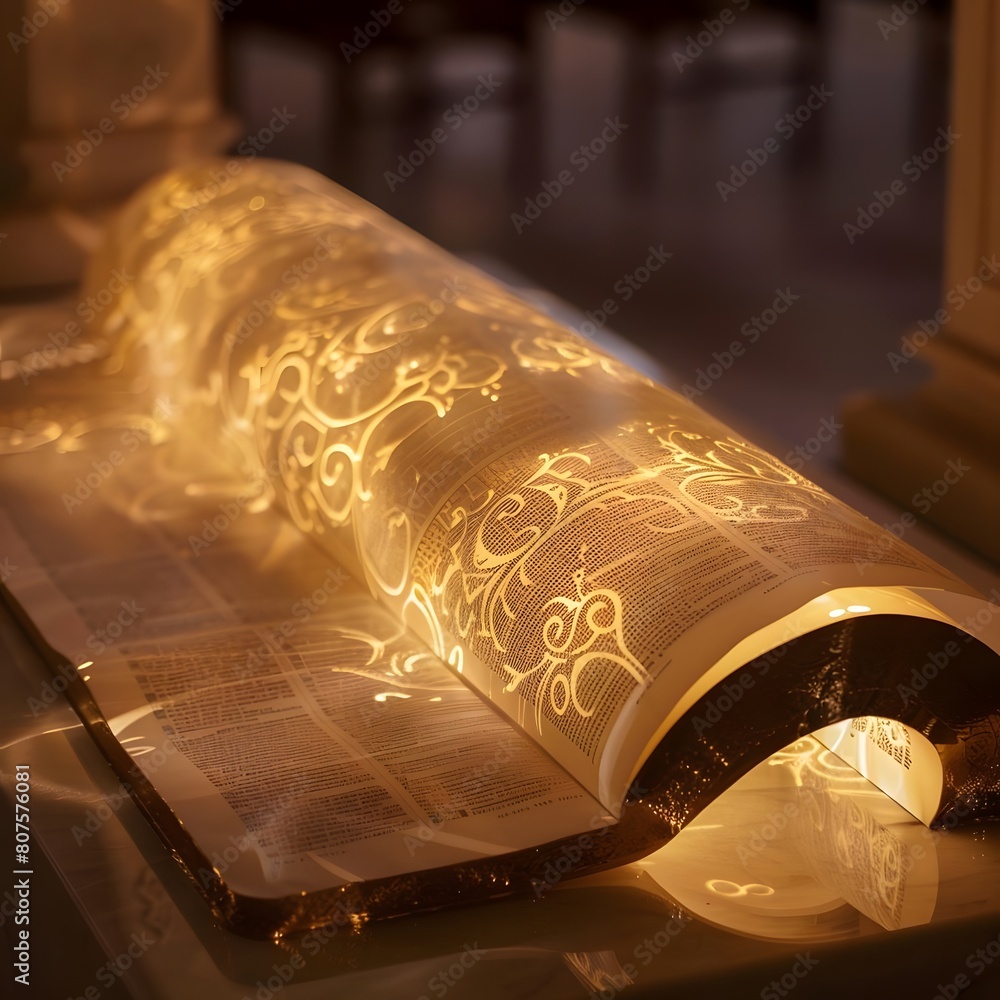 Glowing open scroll parchment revealing the sacred text of 1 ...