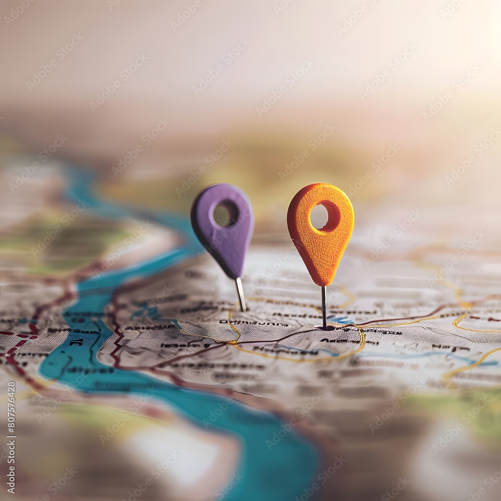 Detailed map with two vibrant pins marking starting and destination ...