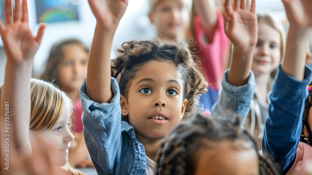 School kids raising hands to answer question from teacher during lesson ...