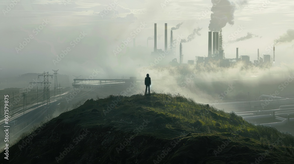 lone figure standing atop a hill, overlooking an industrial landscape ...