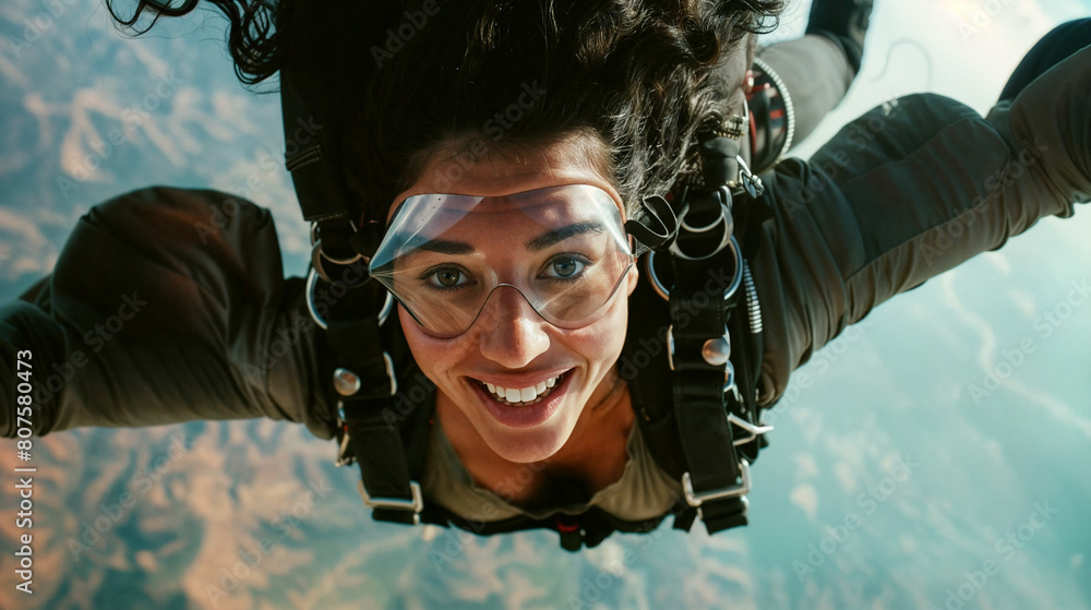 A young woman with a smile is jumping with a parachute. She feels happy ...