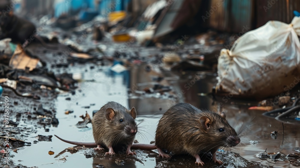 Dirty disgusting rats on area that was filled with sewage, smelly, damp ...