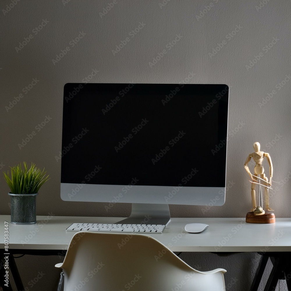 Workspace desk with pc and blank screen desktop computer in minimal ...