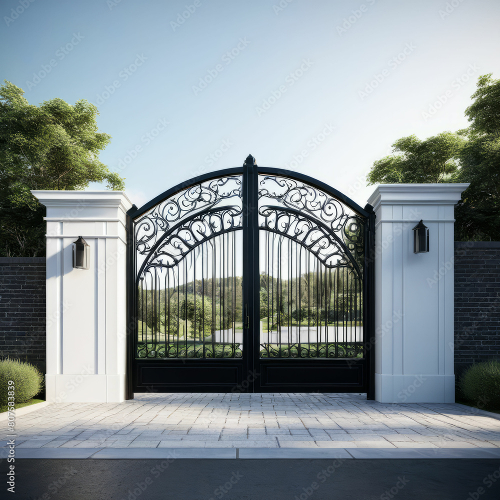 AI Generative image of elegant modern wrought iron gate at the entrance ...