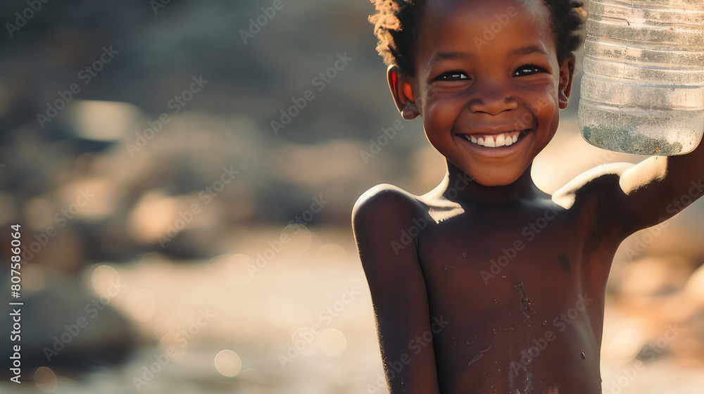 Poor, beggar, hungry smiling dark-skinned child in Africa thirsty to ...