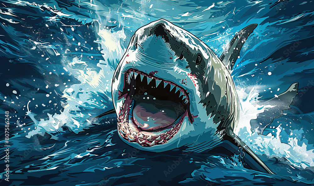 A vivid digital painting of a great white shark lunging through water ...