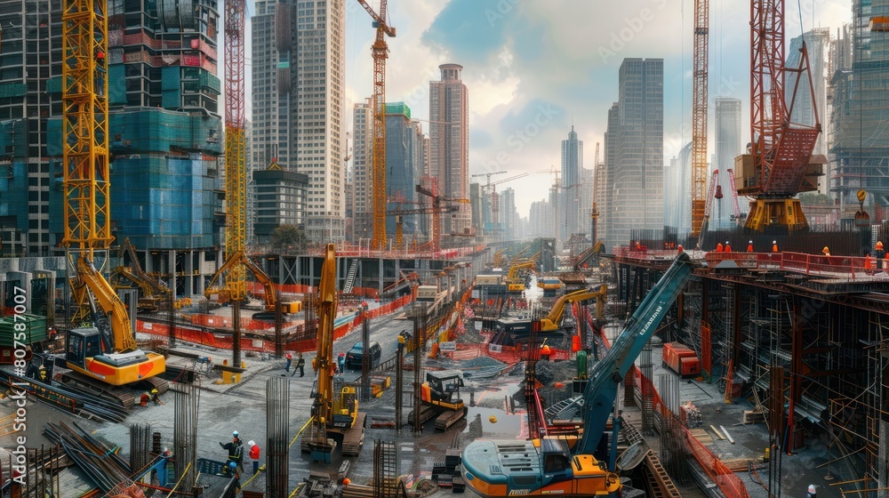 breathtaking panorama of a bustling construction site where humans and ...