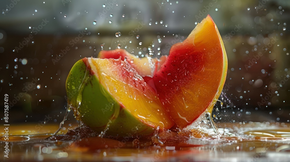 revealing its juicy flesh and vibrant colors. The fruit is perfectly ...