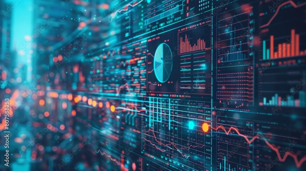 Multiple data reports on a digital screen with pie chart and graphs ...
