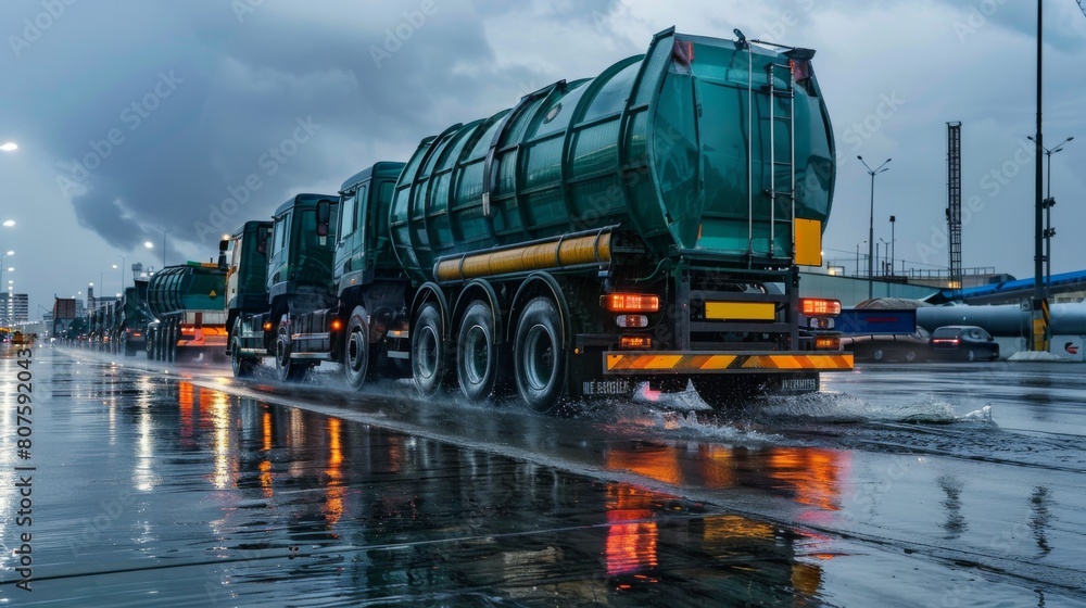 Transportation of Industrial Waste, Depict large, secure trucks ...