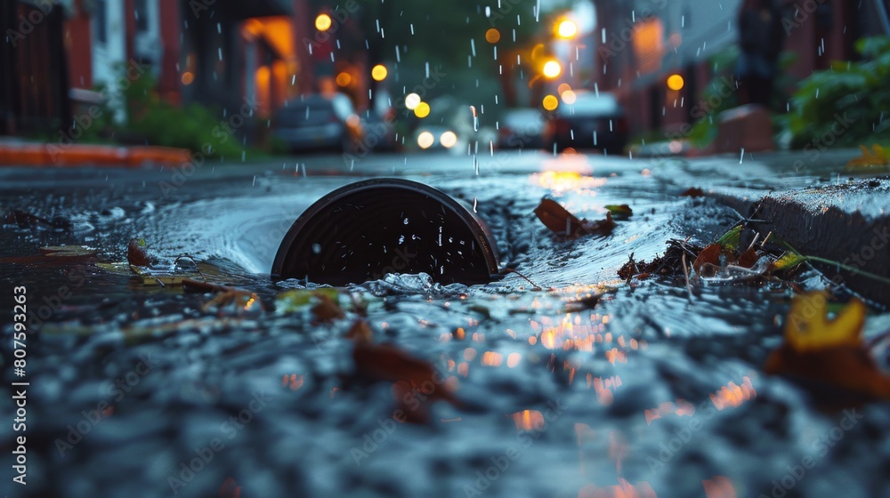 Urban Runoff: Image of rainwater flowing through city streets, picking ...