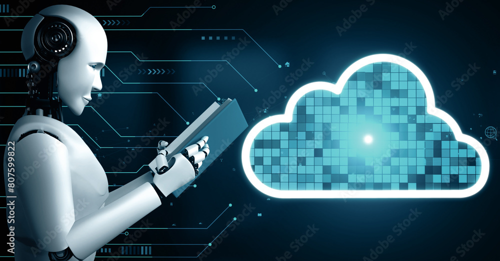 MLP 3d illustration AI robot huminoid uses cloud computing technology ...