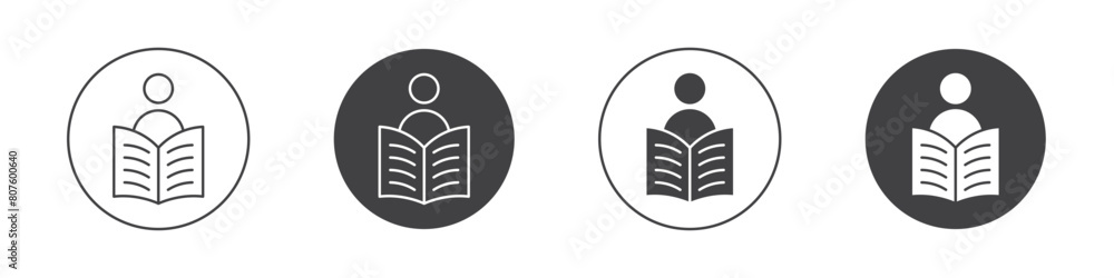Book open reader icon set. student study in library vector symbol ...