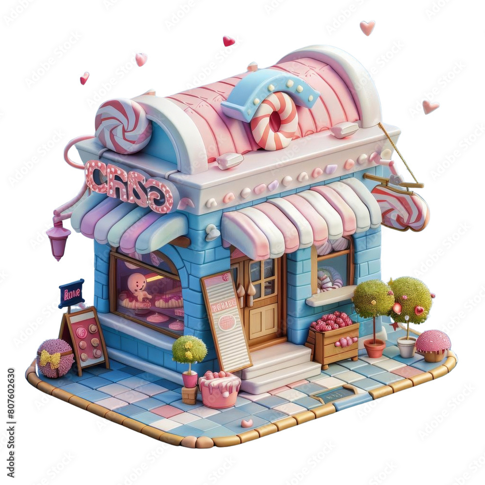 3D isometric A cartoon style candy shop with blue walls and a pink and ...